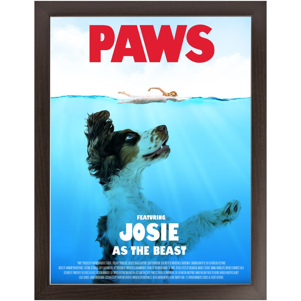 PAWS Movie Poster - Jaws Inspired Custom Pet Portrait Framed Satin Pap ...
