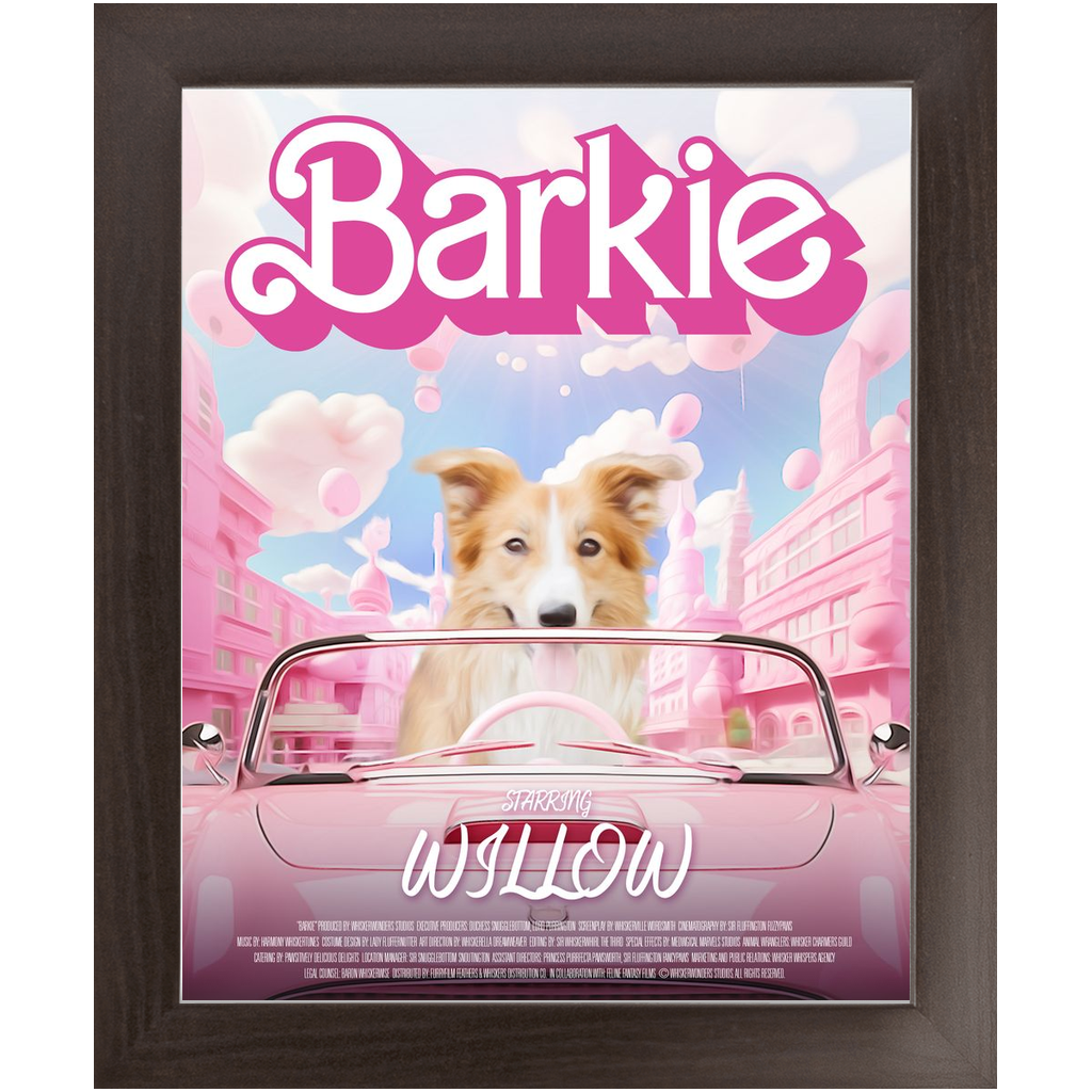 Barkie Movie Poster - Barbie Inspired Custom Pet Portrait Framed Satin ...